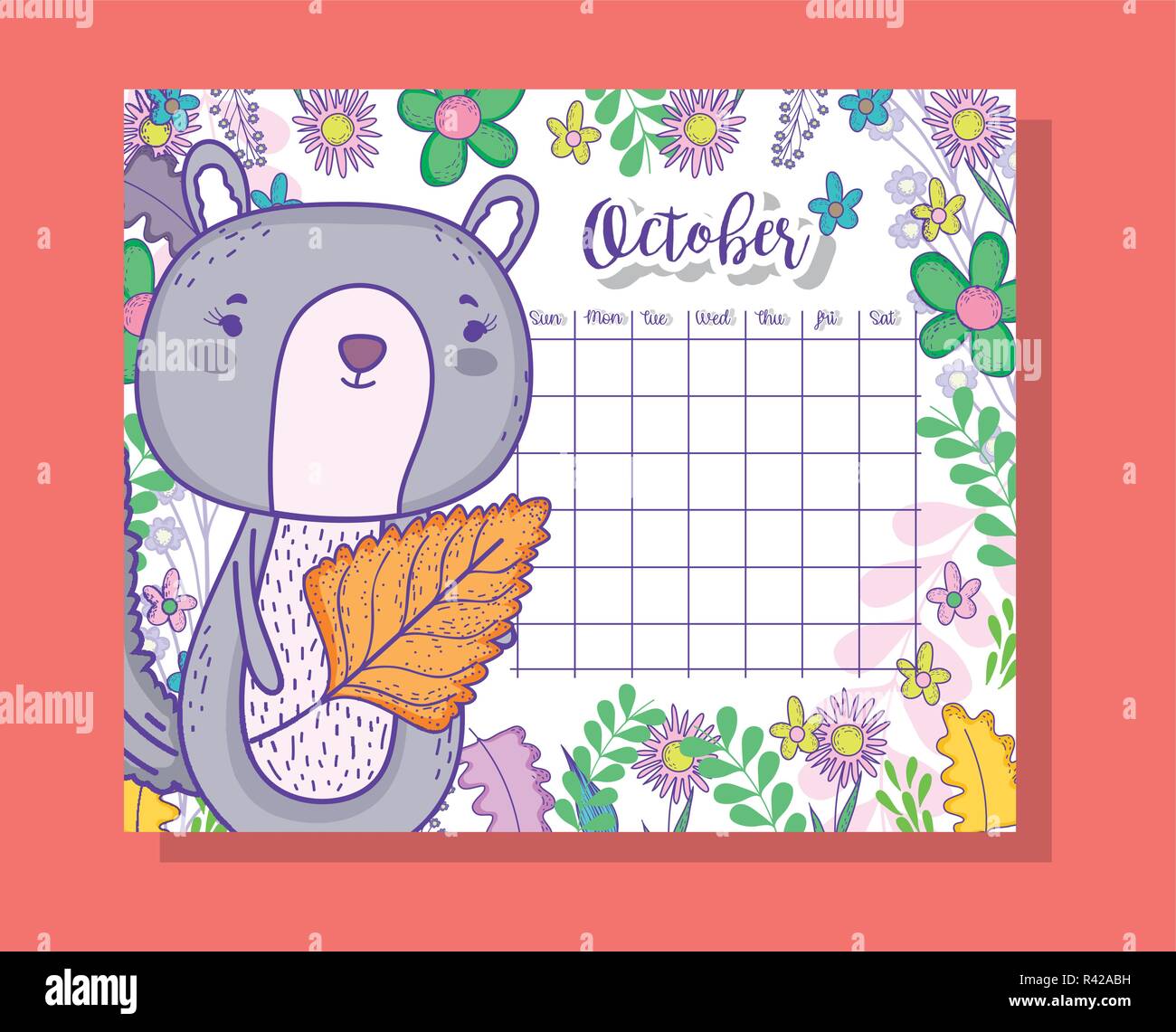 october calendar information with squirrel and plants vector ...