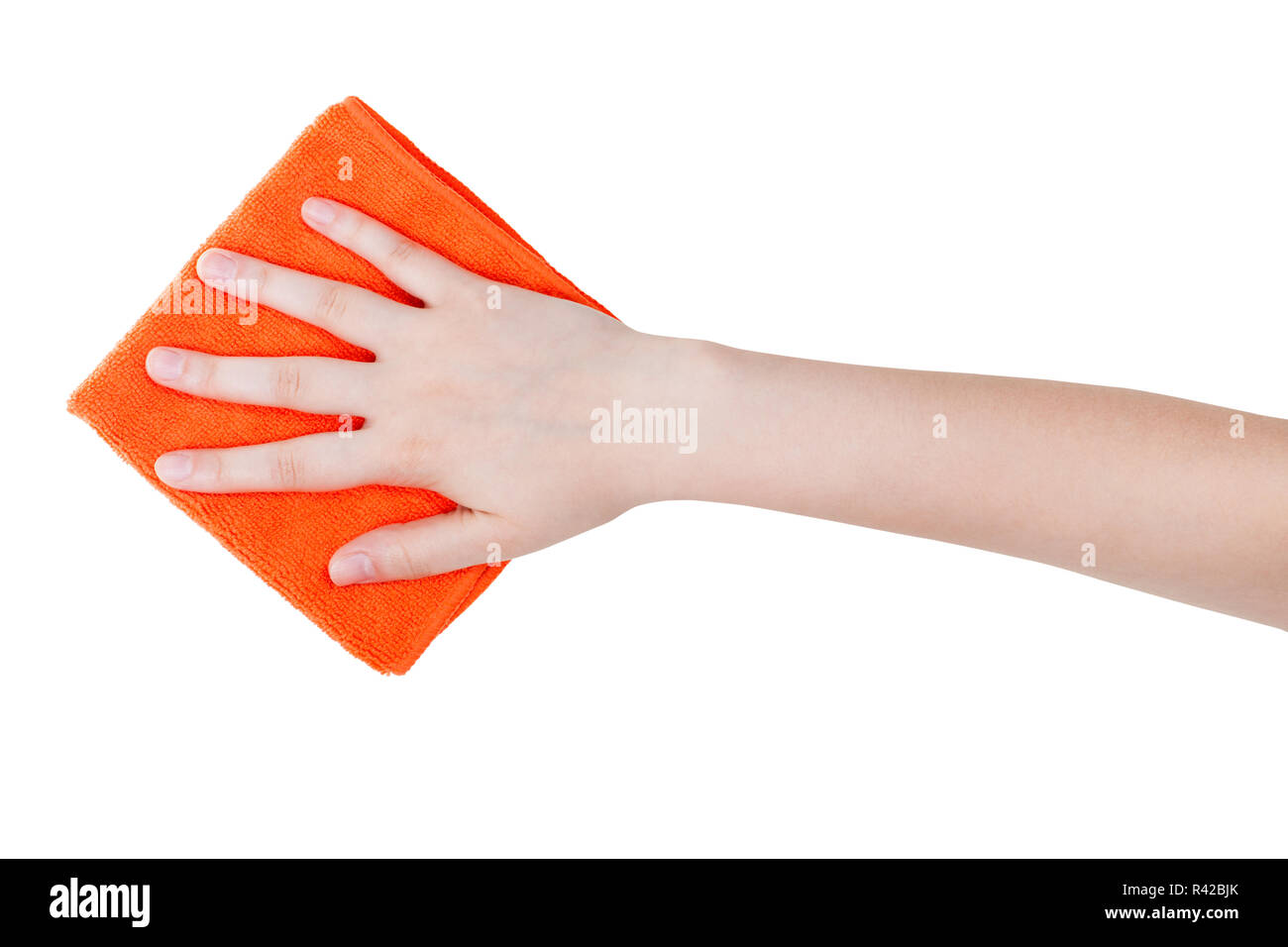 top view of hand with orange wiping rag isolated Stock Photo - Alamy
