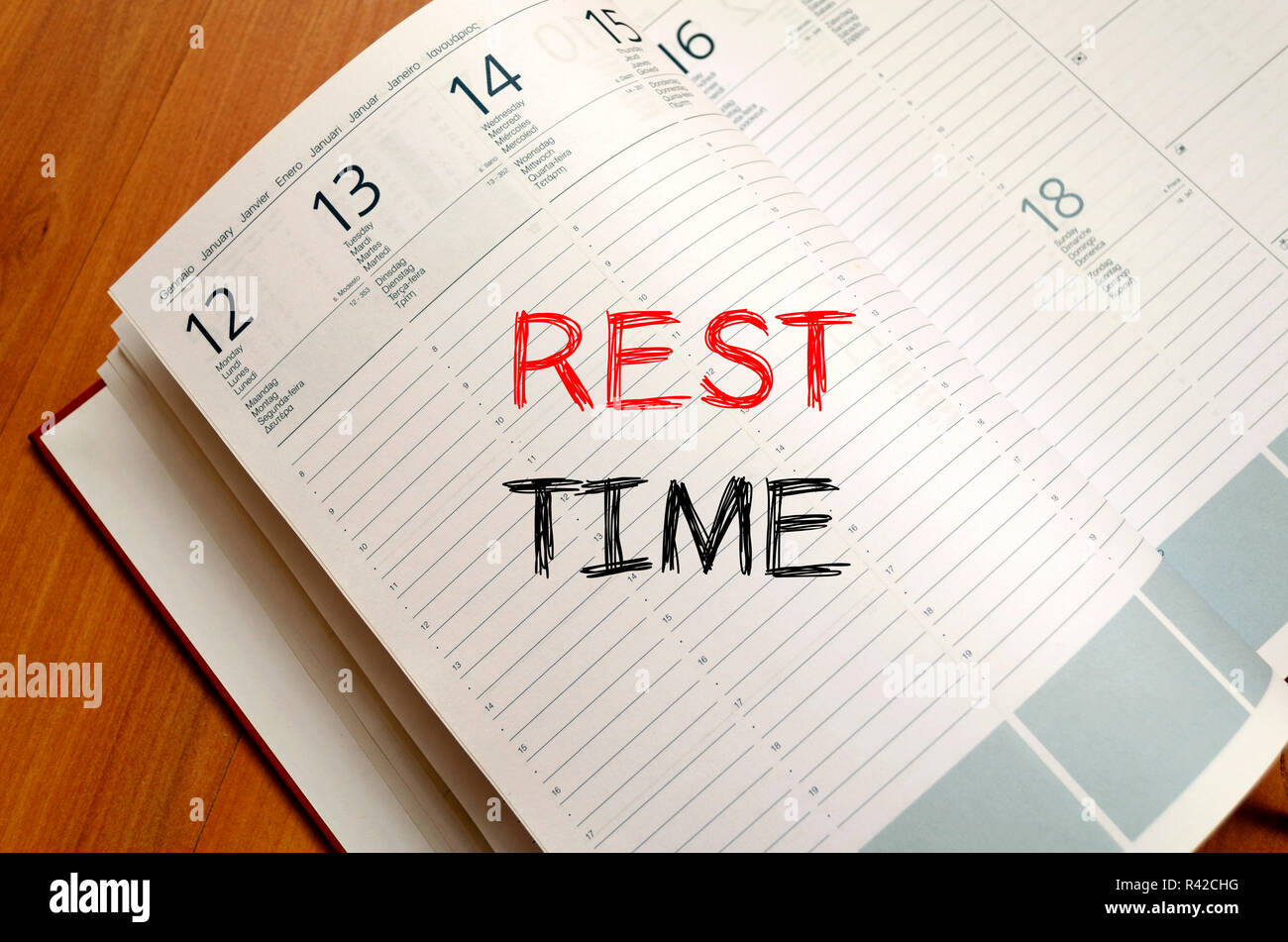 Rest time write on notebook Stock Photo - Alamy