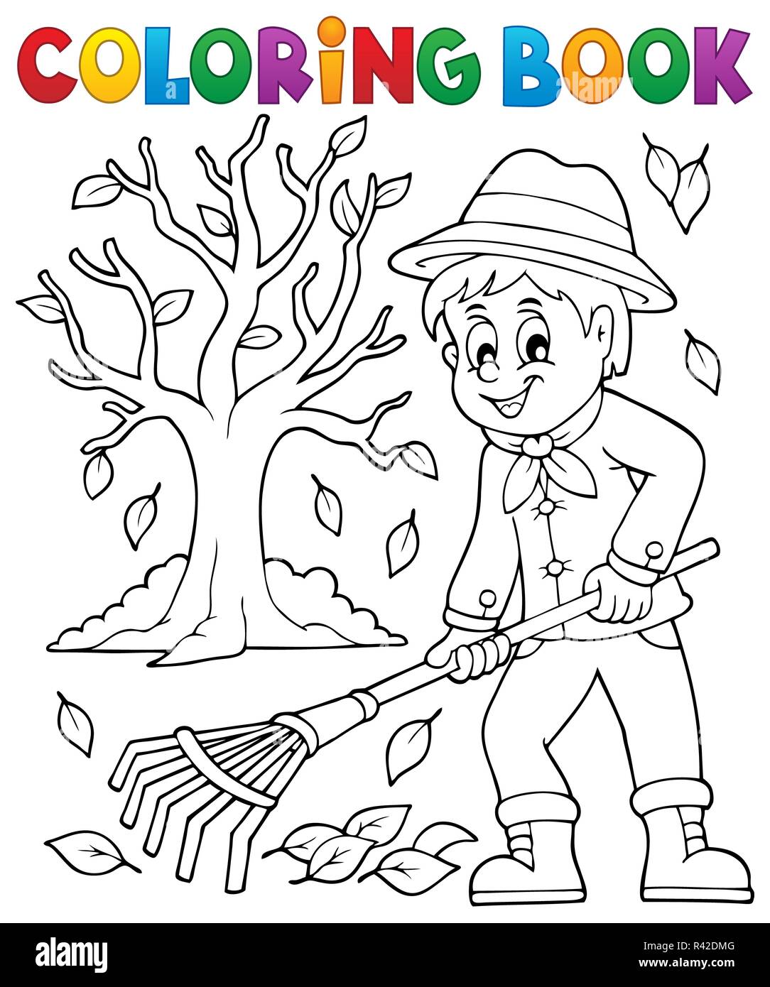 Coloring book gardener and tree Stock Photo - Alamy