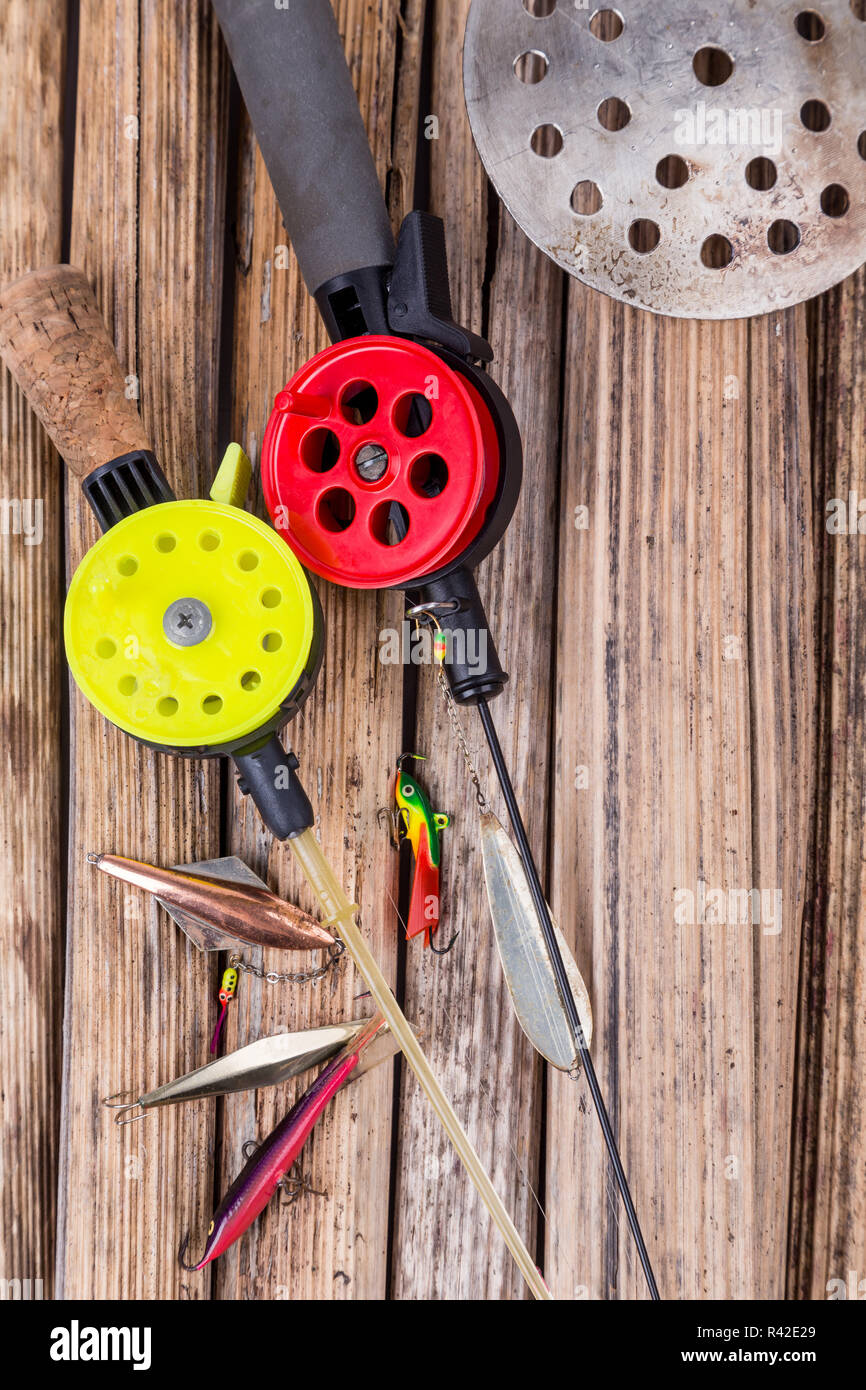 closeup ice fishing tackles and equipment Stock Photo - Alamy