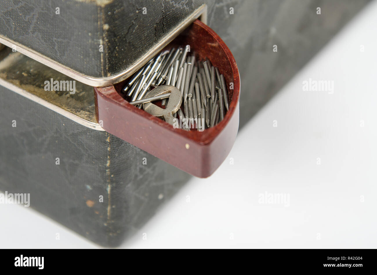 Open box with needles on the trunk of an old gramophone isolated on a ...
