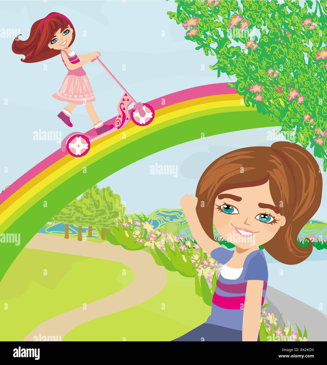Fun on a rainbow Stock Photo - Alamy