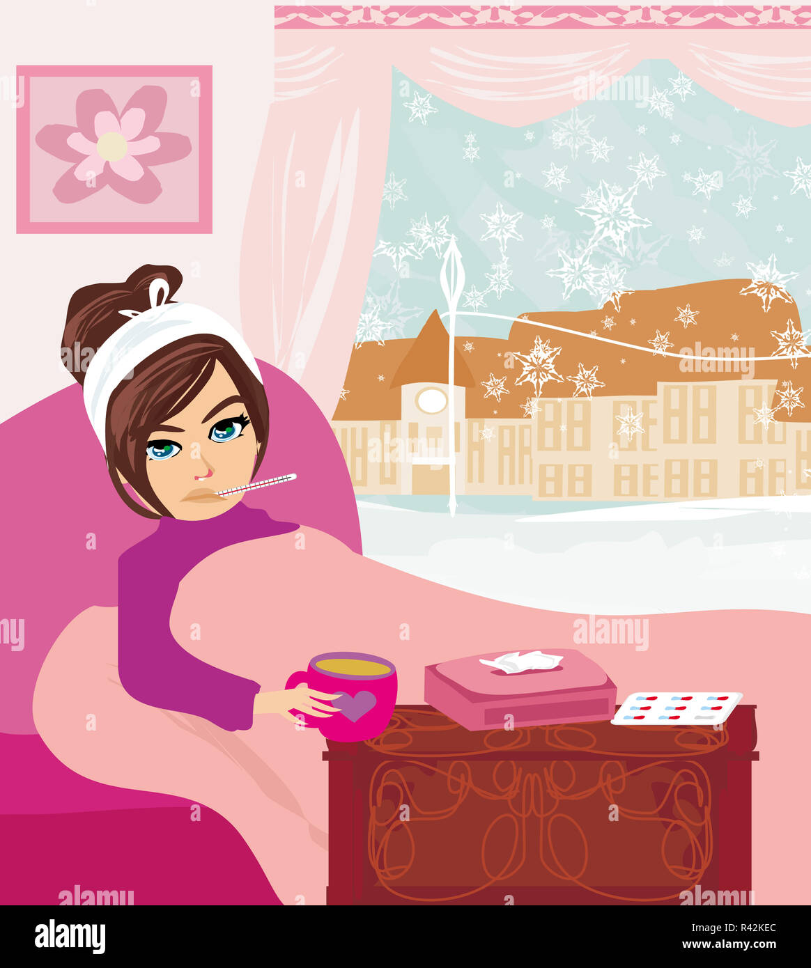 sick girl lying in bed Stock Photo - Alamy