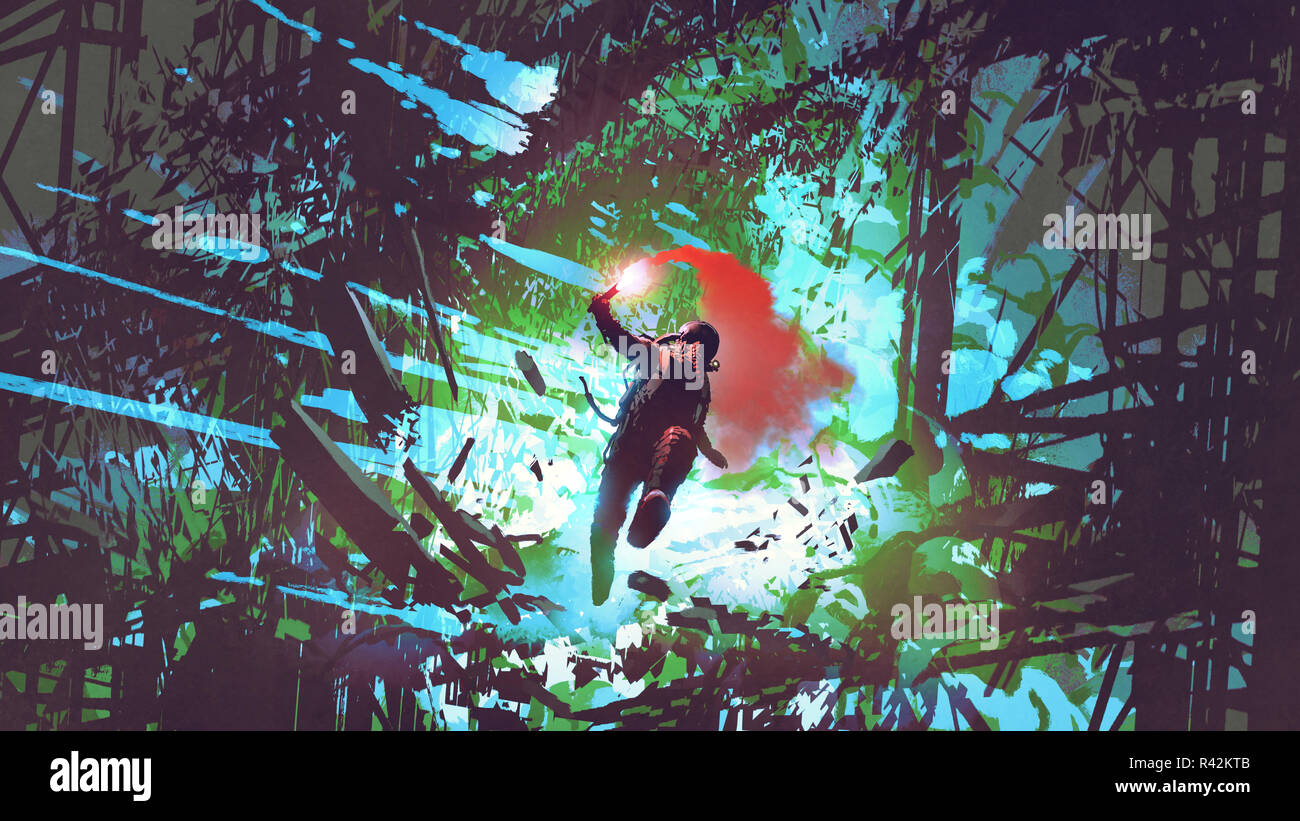 the man holding red smoke flare jumping off the building while ...