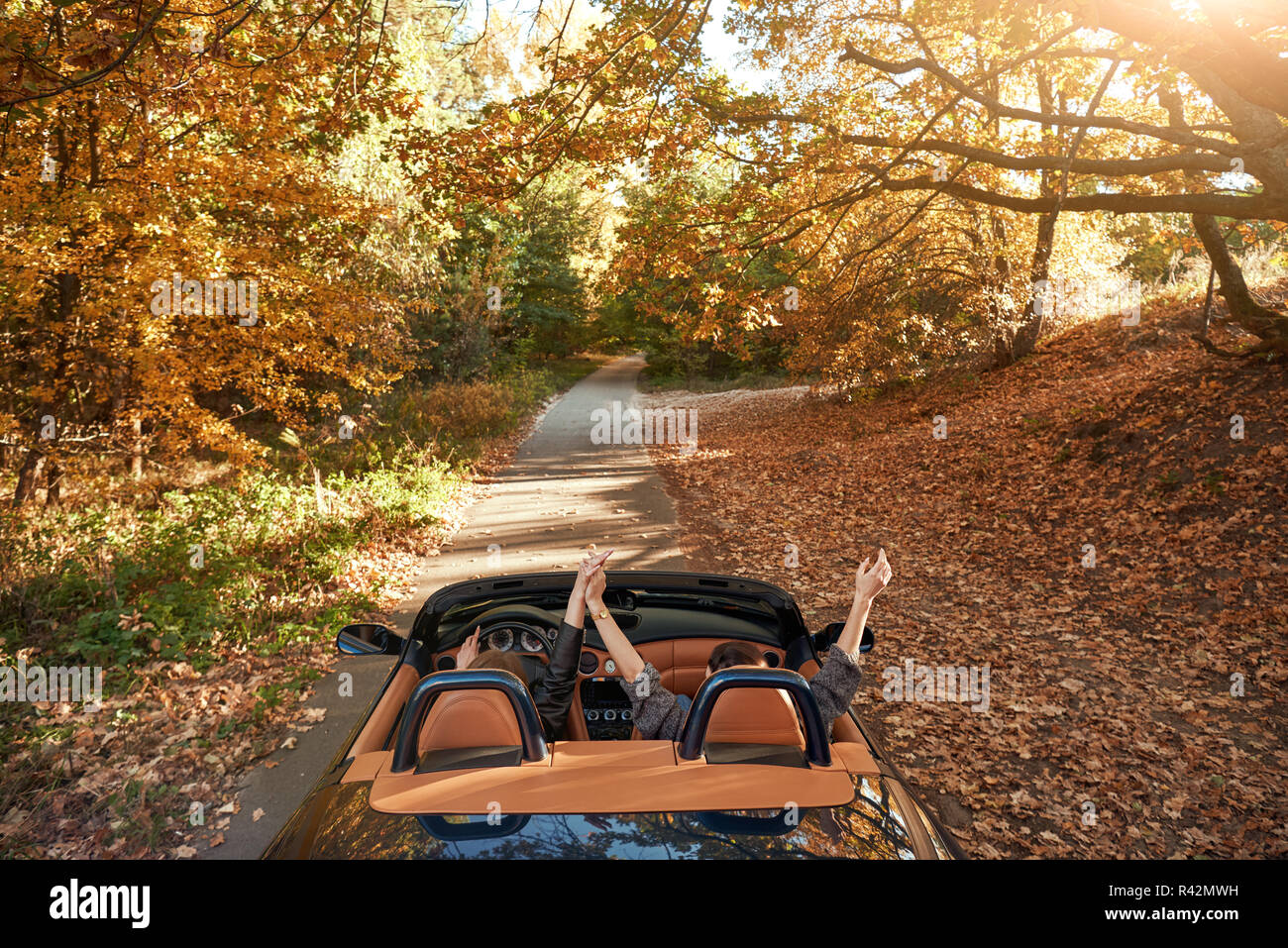 Female friends driving cabriolet with the hands up and having fun on ...