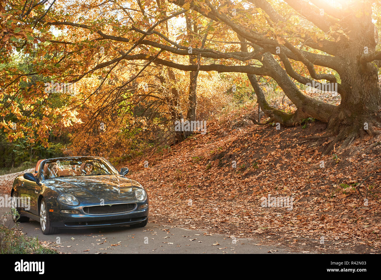 A black roofless car driving fast on the countryside asphalt road ...