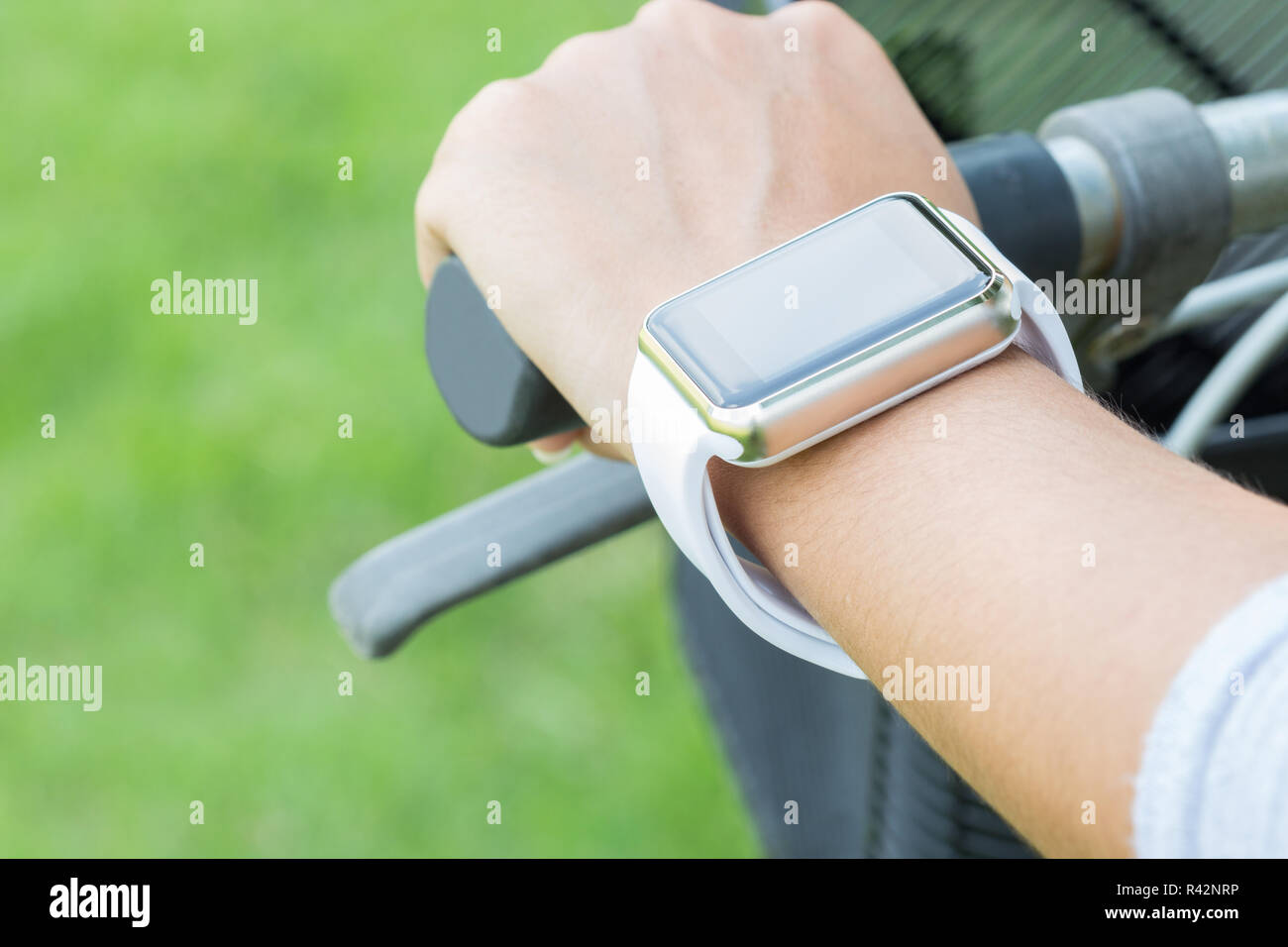 closeup hand wear smart watch riding bicycle exercise sport Stock Photo ...