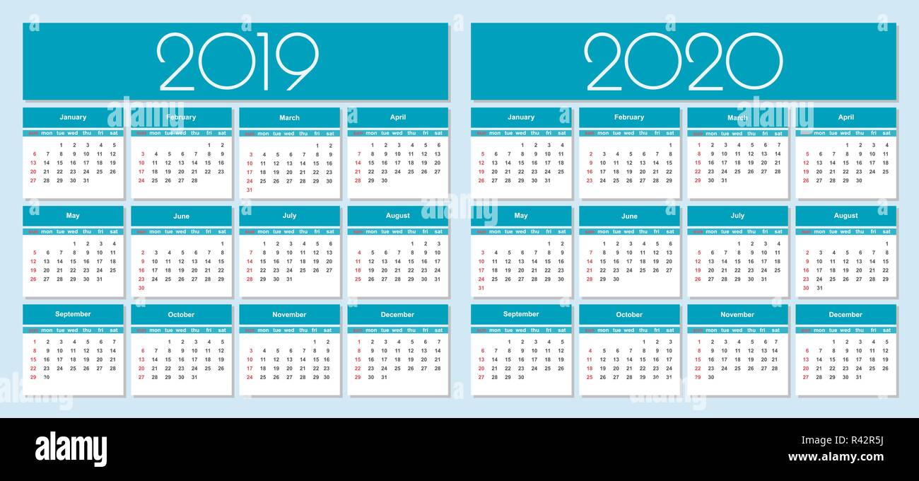 Calendar for 2019 and 2020 year blue background. Simple Vector Template ...