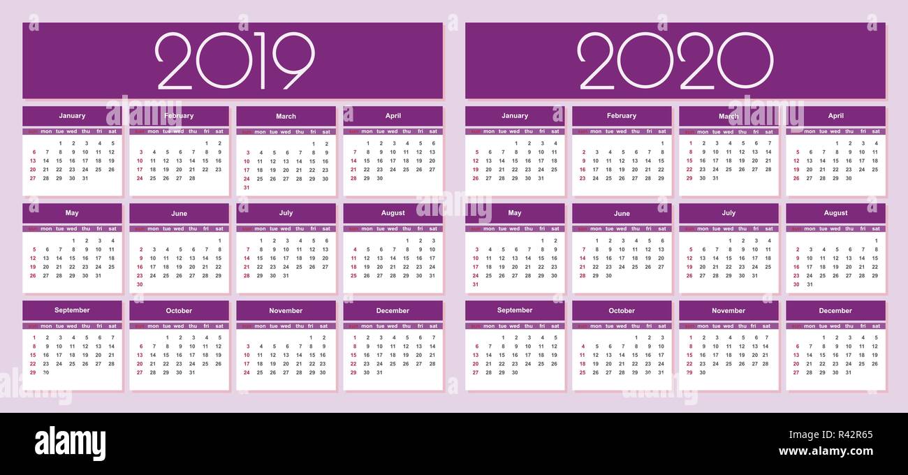 Calendar for 2019 and 2020 year purple background. Simple Vector ...