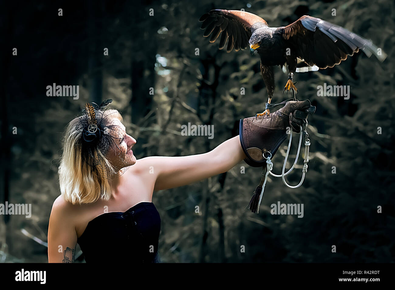 the lady with the desert buzzard Stock Photo - Alamy