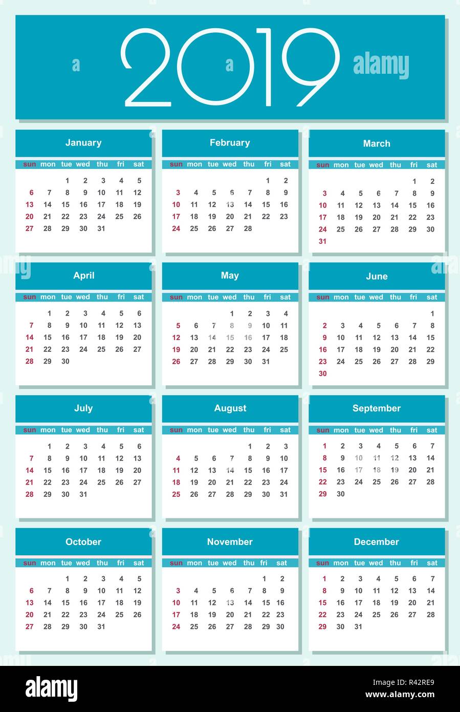 Calendar for 2019 blue background. Simple Vector Template. Isolated ...