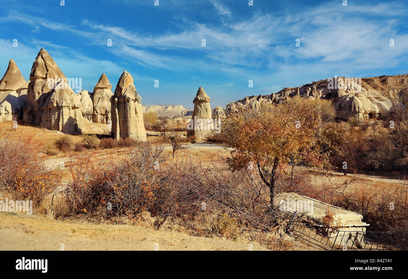 Rock formations known as fairy chimneys in Love Valley near Goreme in ...
