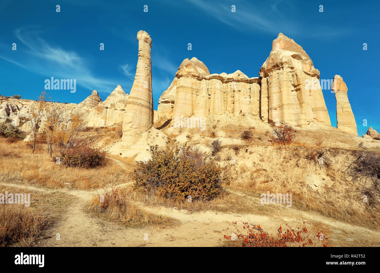Rock formations known as fairy chimneys in Love Valley near Goreme in ...