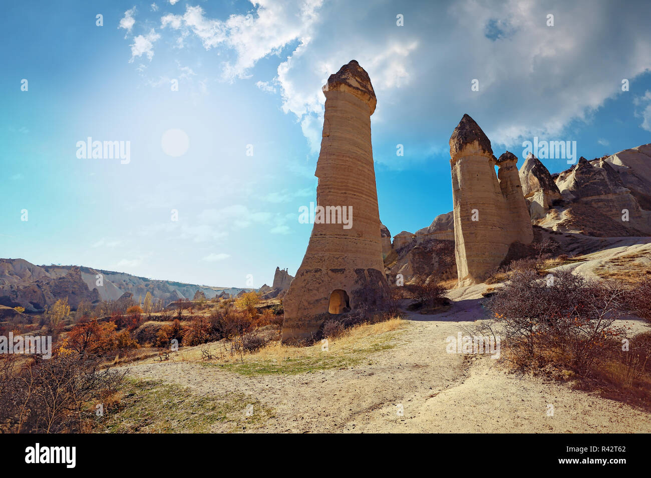 Rock formations known as fairy chimneys in Love Valley near Goreme in ...