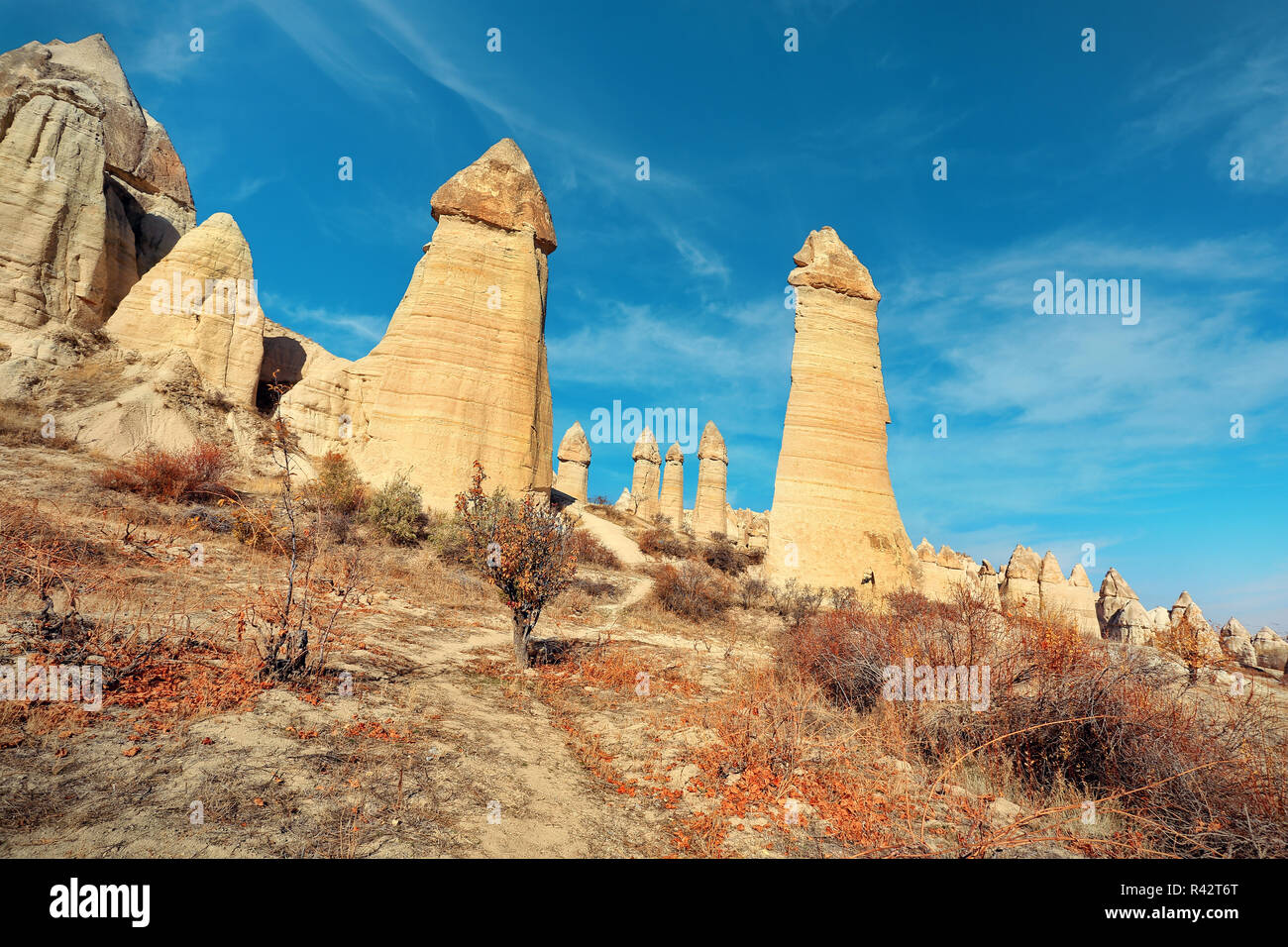 Rock formations known as fairy chimneys in Love Valley near Goreme in ...