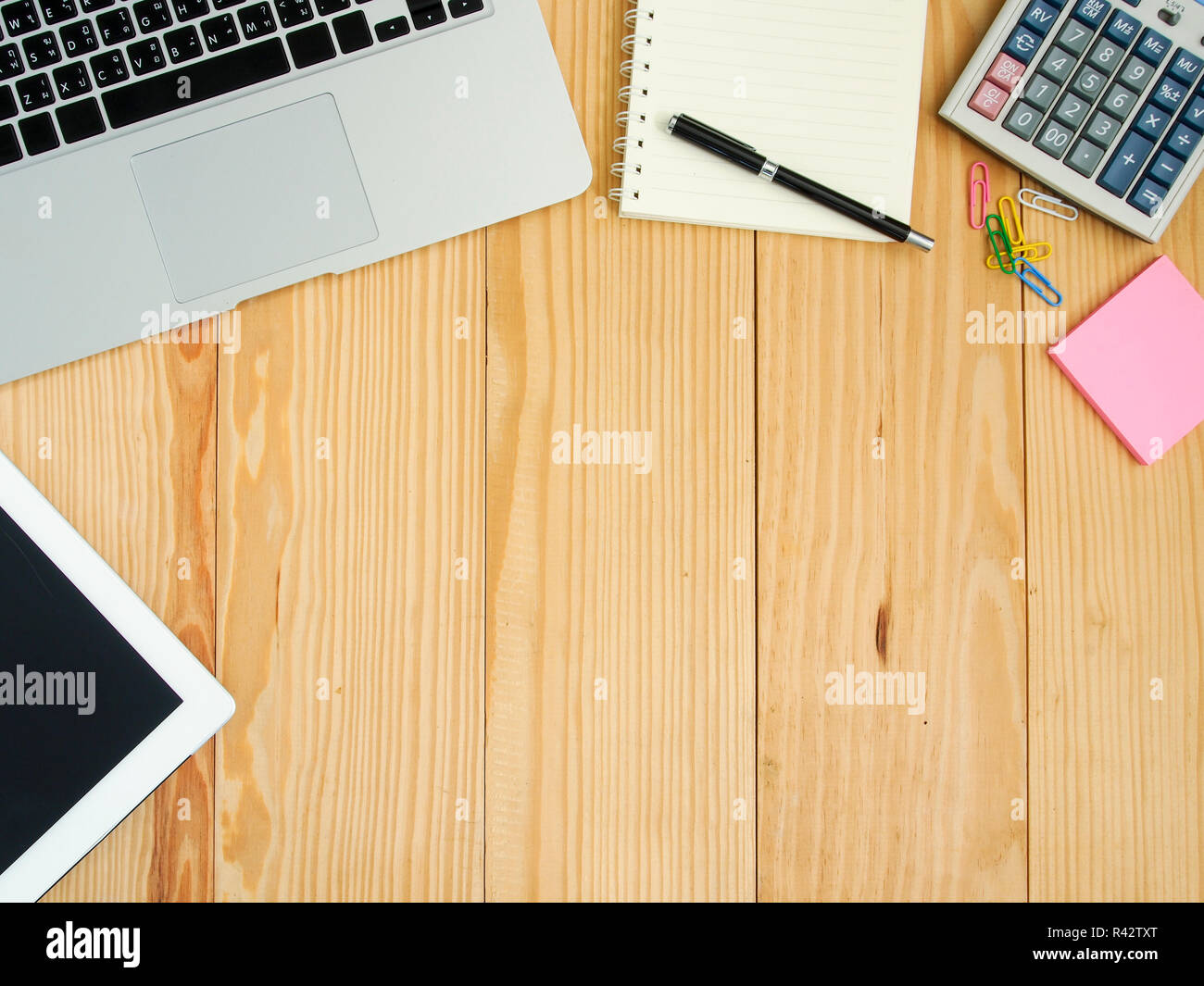 work table with notepad computer and notebook. View from above Stock ...