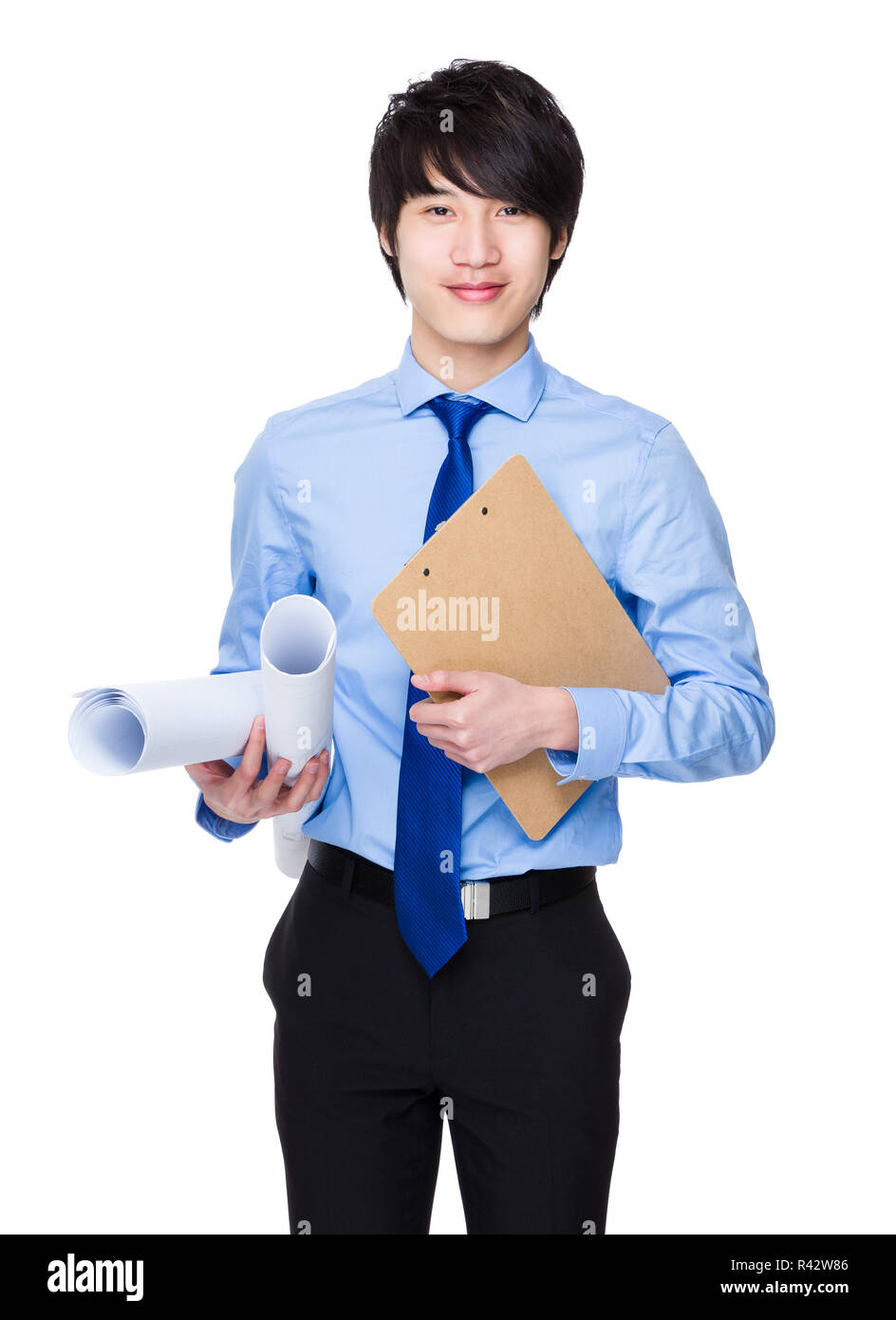 Engineer hold with blue print and clipboard Stock Photo - Alamy