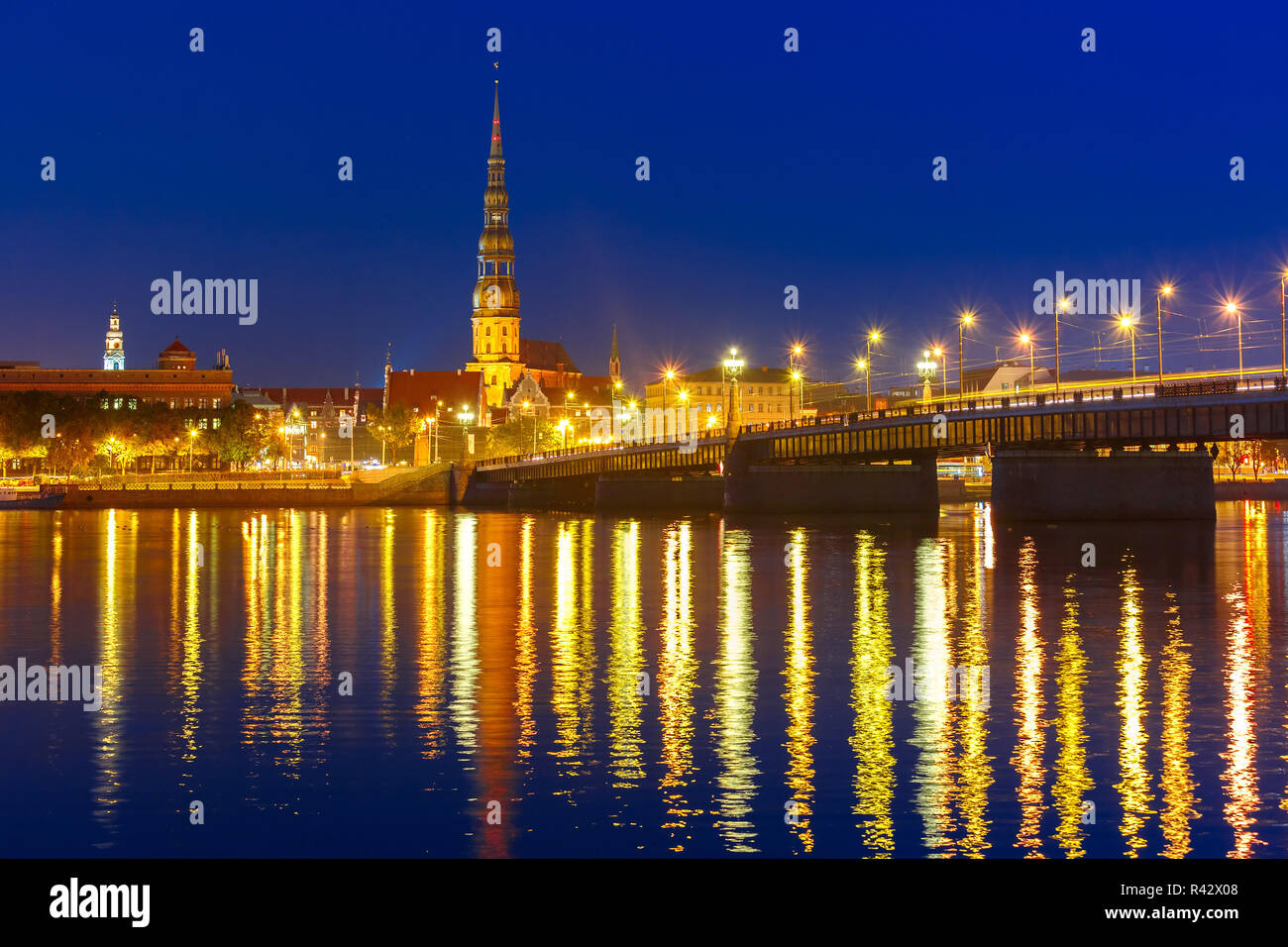Old Town and River Daugava at night, Riga, Latvia Stock Photo - Alamy