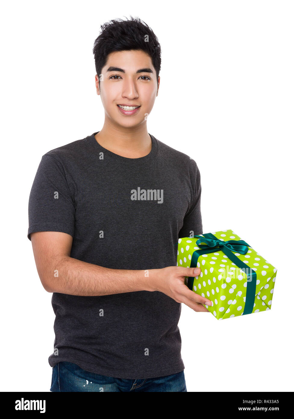 Asian man hold with gift box Stock Photo - Alamy