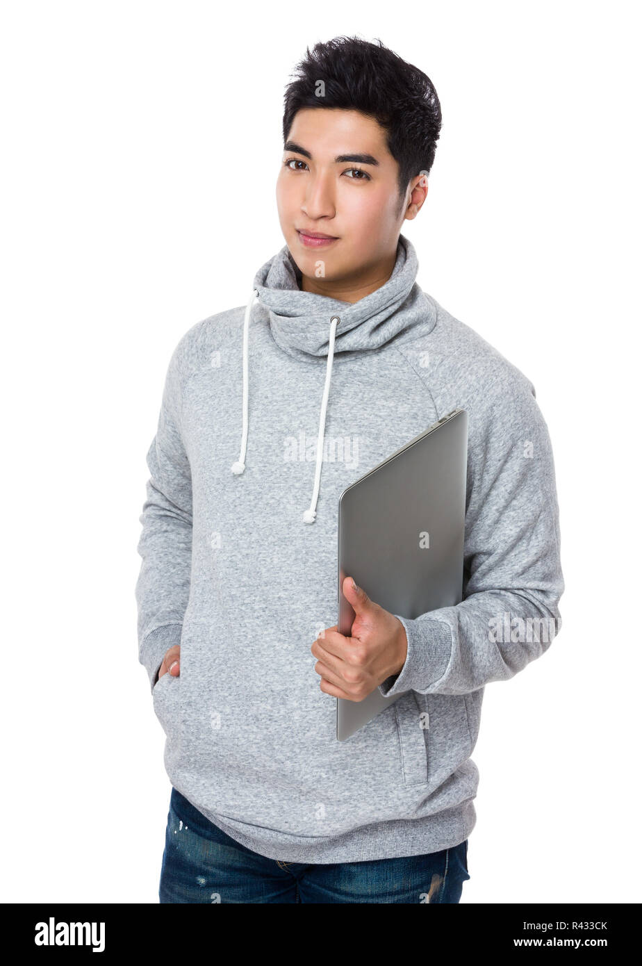 Man hold with laptop computer Stock Photo - Alamy