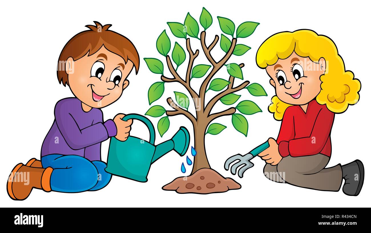 Kids planting tree theme image 1 Stock Photo - Alamy