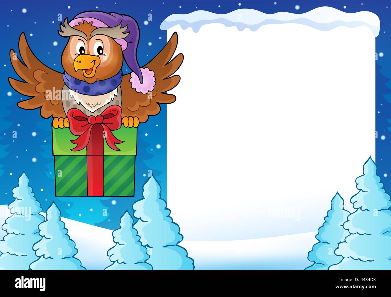 Snowy frame with owl and gift Stock Photo - Alamy