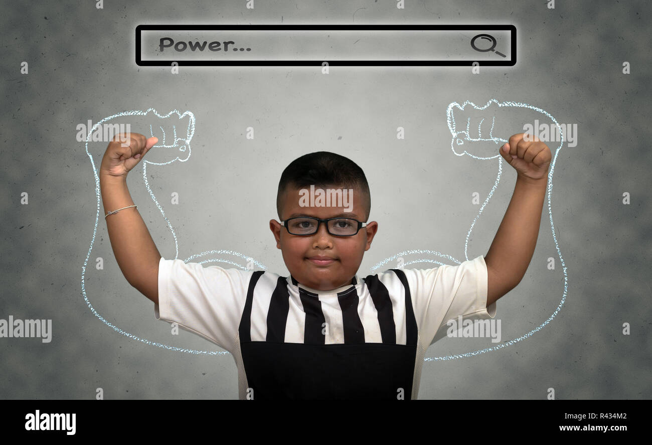 Asian strong boy with browsing of Internet searching bar with "Power ...