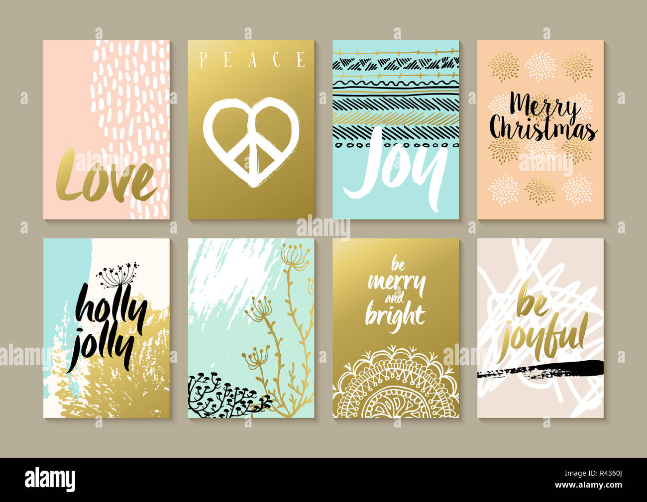 Merry christmas retro hipster boho hippie card set Stock Photo - Alamy