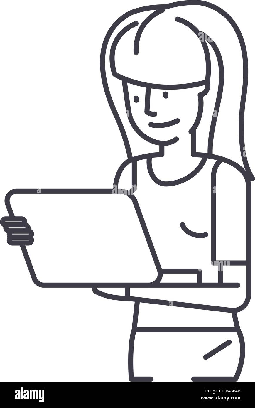 Girl watching movie by tablet line icon concept. Girl watching movie by ...