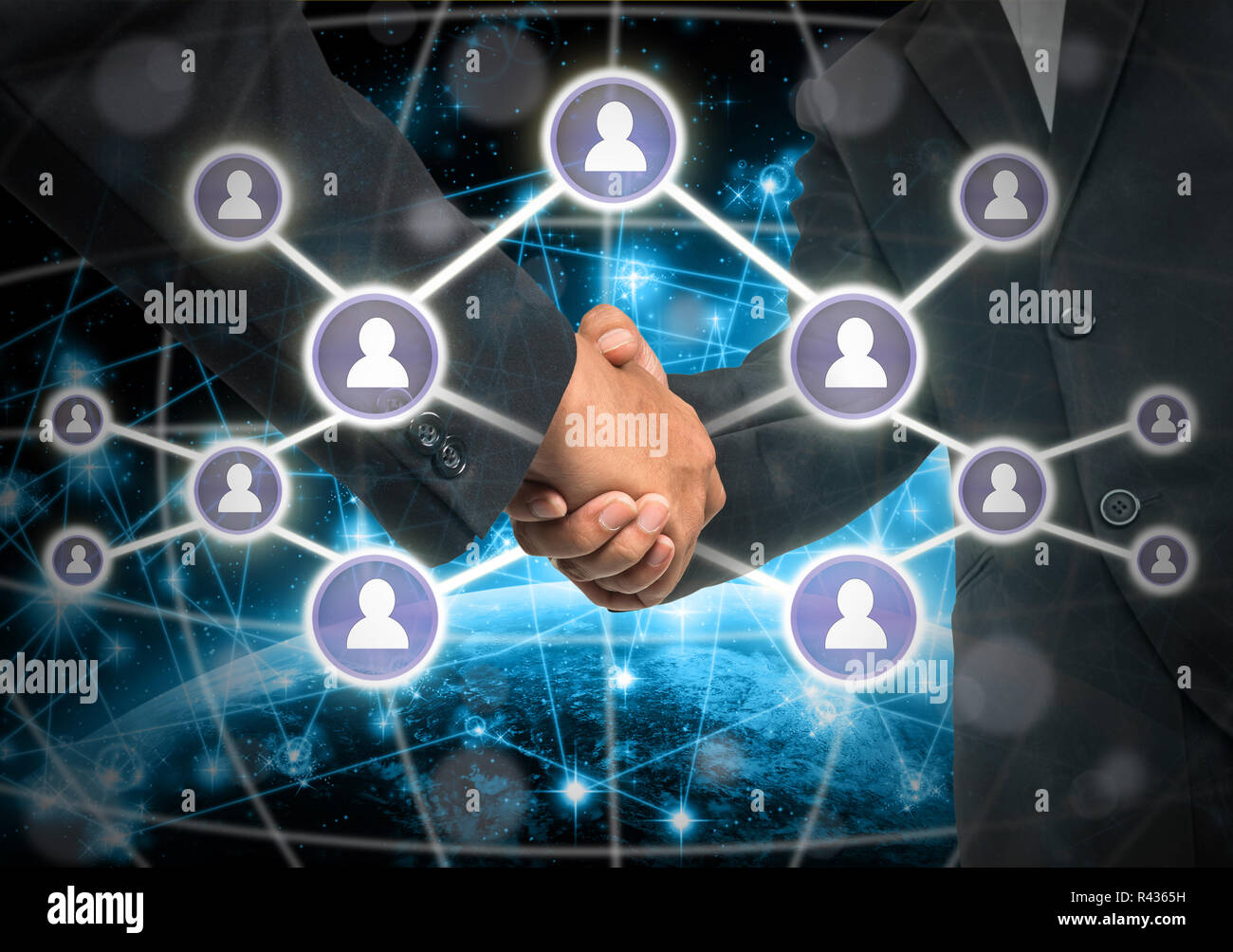 Business handshake with Social media symbol over Internet network ...