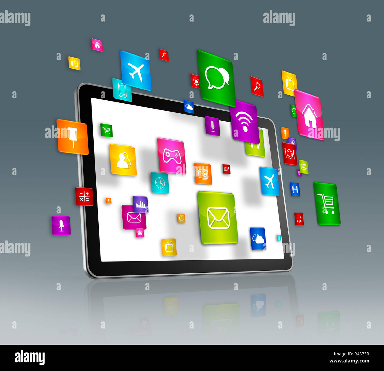 Digital Tablet and flying apps icons Stock Photo - Alamy