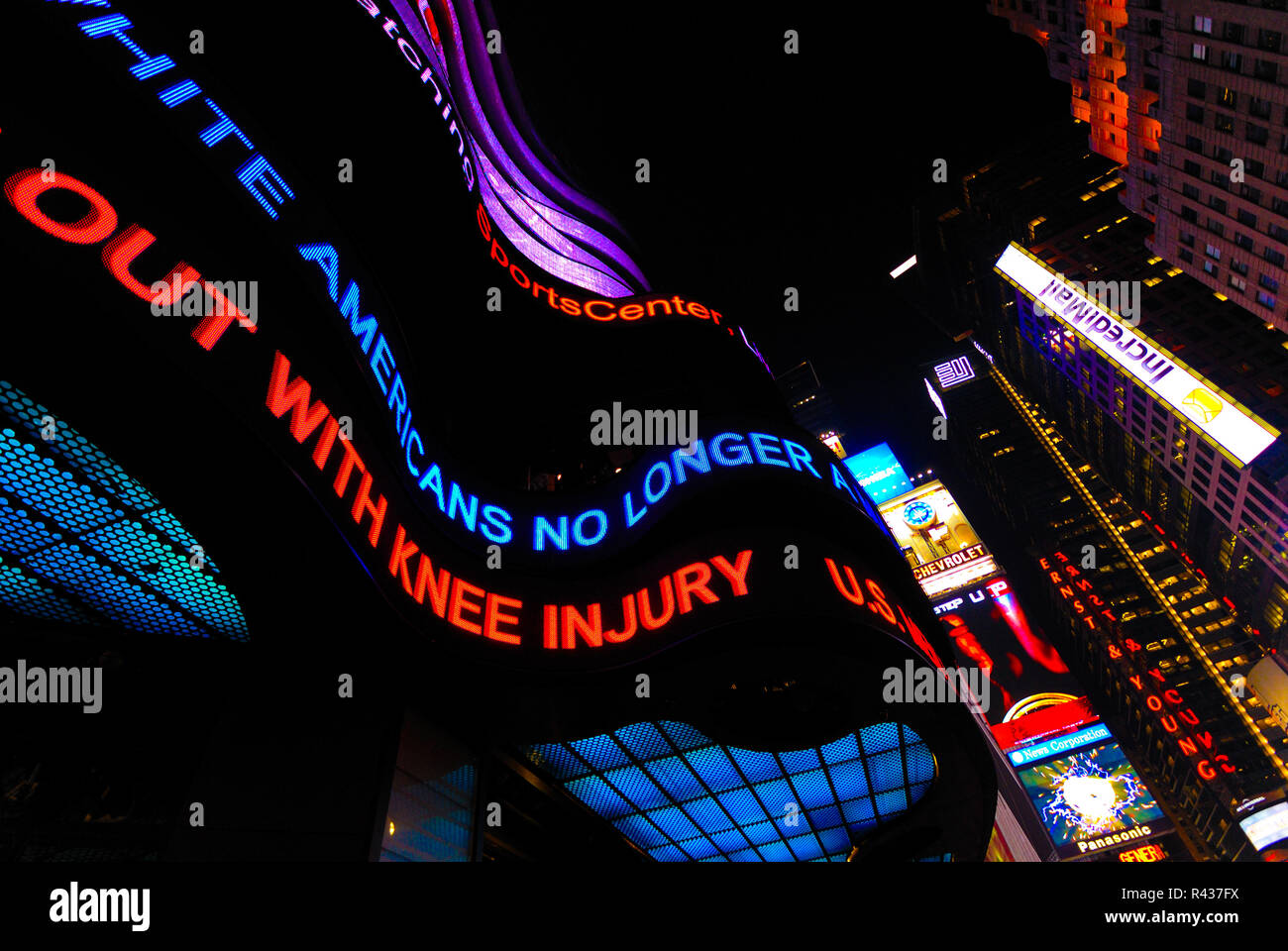 ABC News' scrolling marqiee is one of many brightly lit billboards in ...