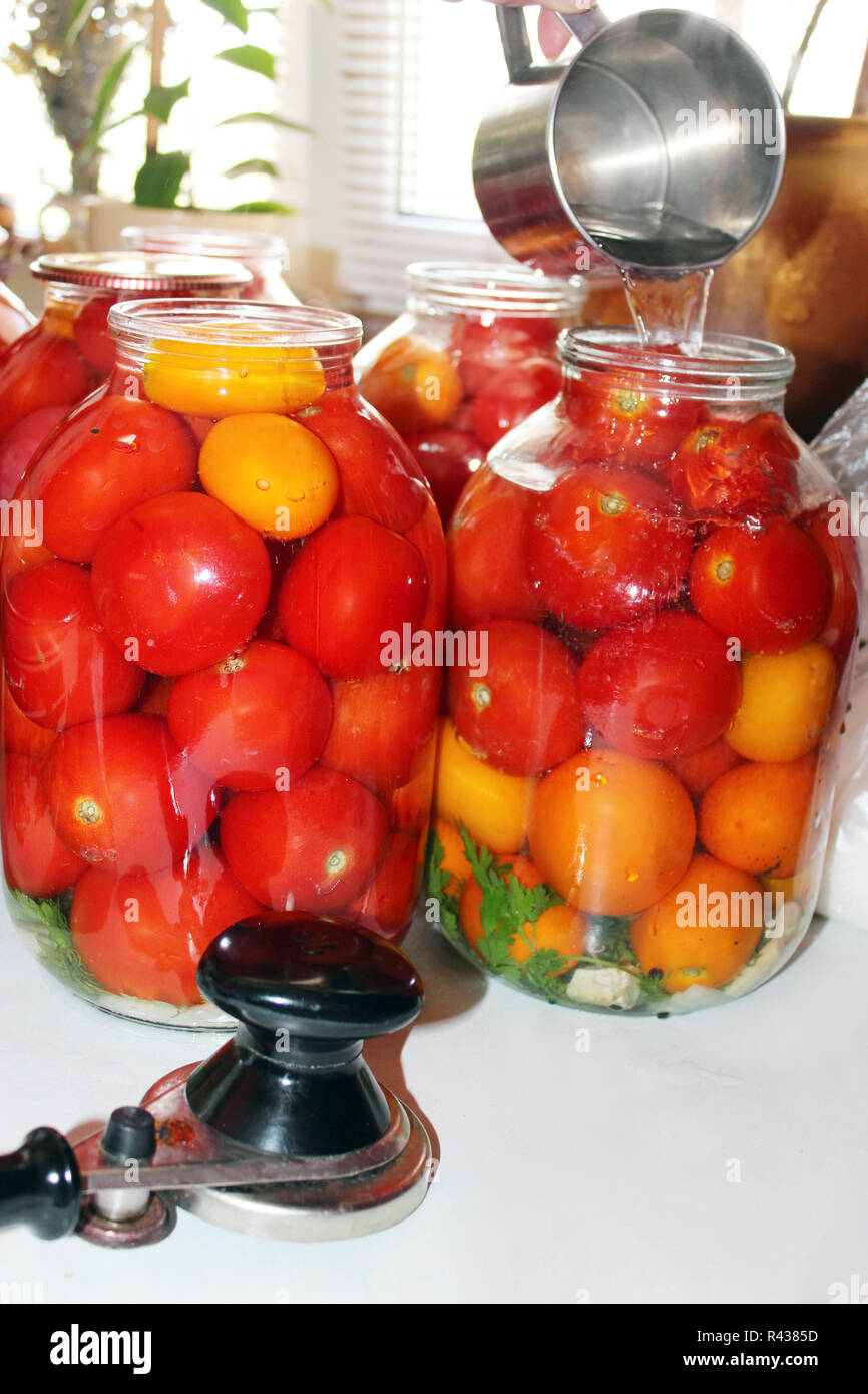 tomatoes in the jars prepared for preservation Stock Photo - Alamy
