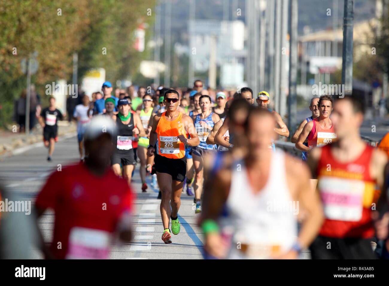 Marathon athletes running, during the 2018 Athens Marathon Stock Photo ...
