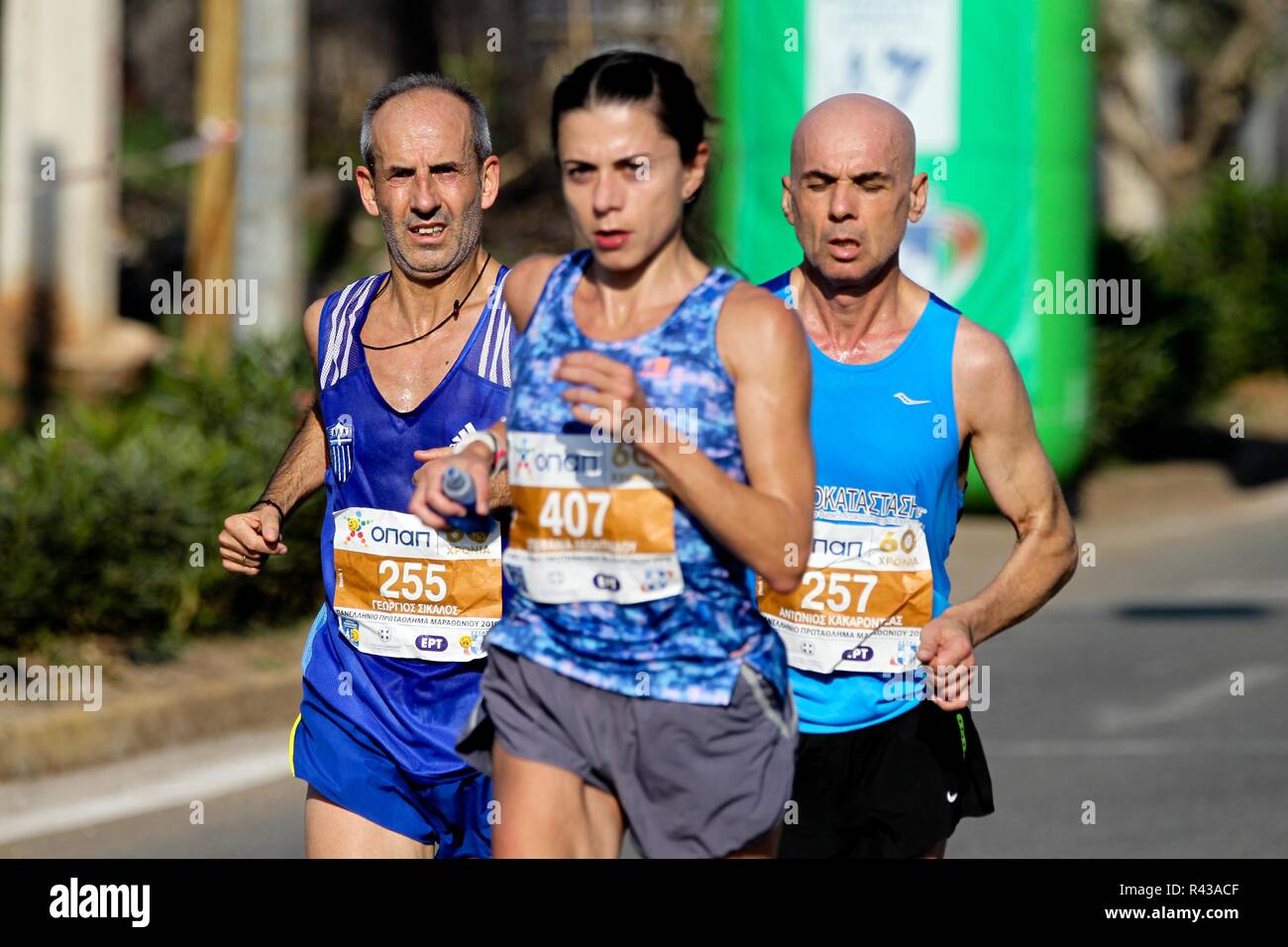 Marathon athletes running, during the 2018 Athens Marathon Stock Photo ...
