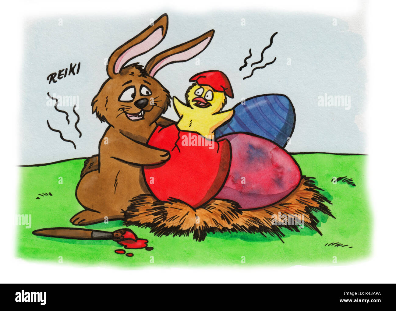 easter bunny giving a hatching chick reiki Stock Photo - Alamy