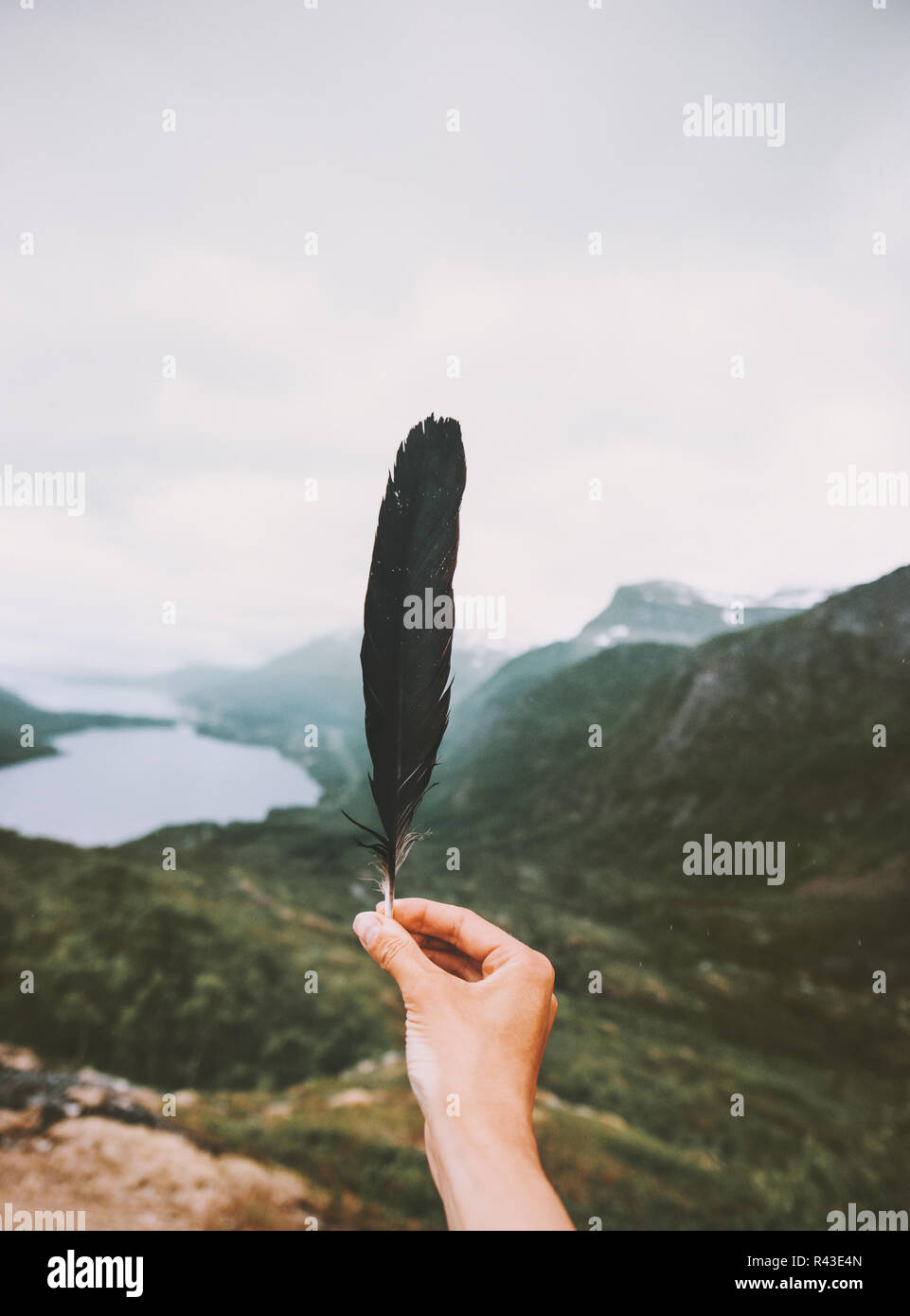 Traveler hand holding feather in mountains Traveling alone adventure ...