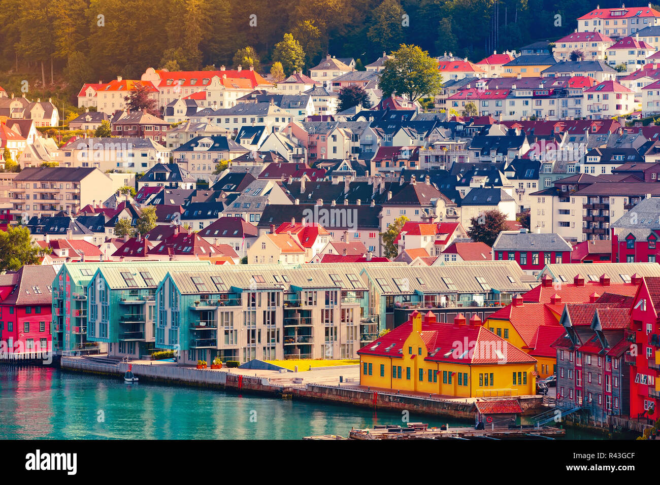 Norwegian scandinavian scenic landscape with fjord water and colorful ...