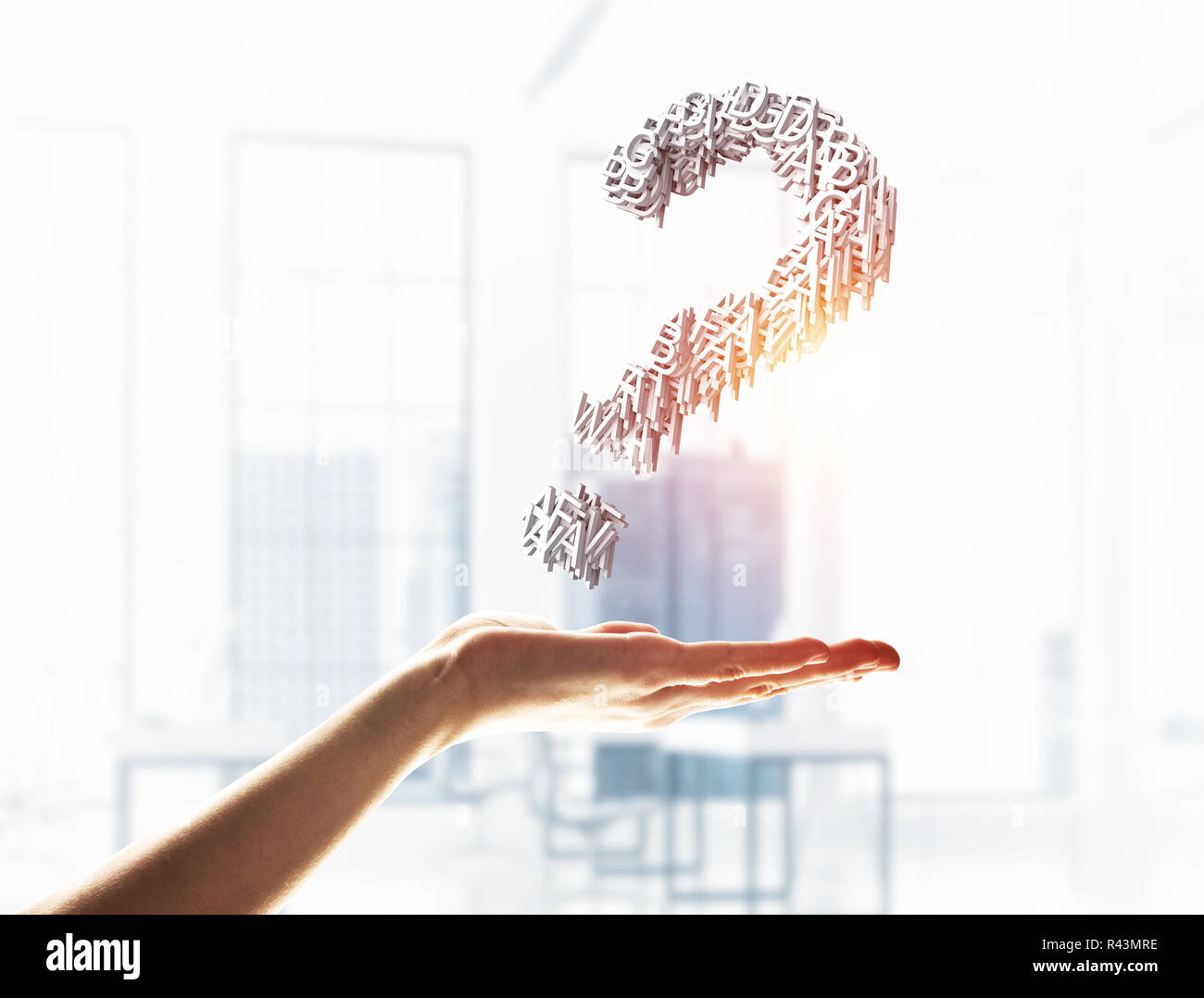 Answer all your questions concept presented by question sign in palm ...