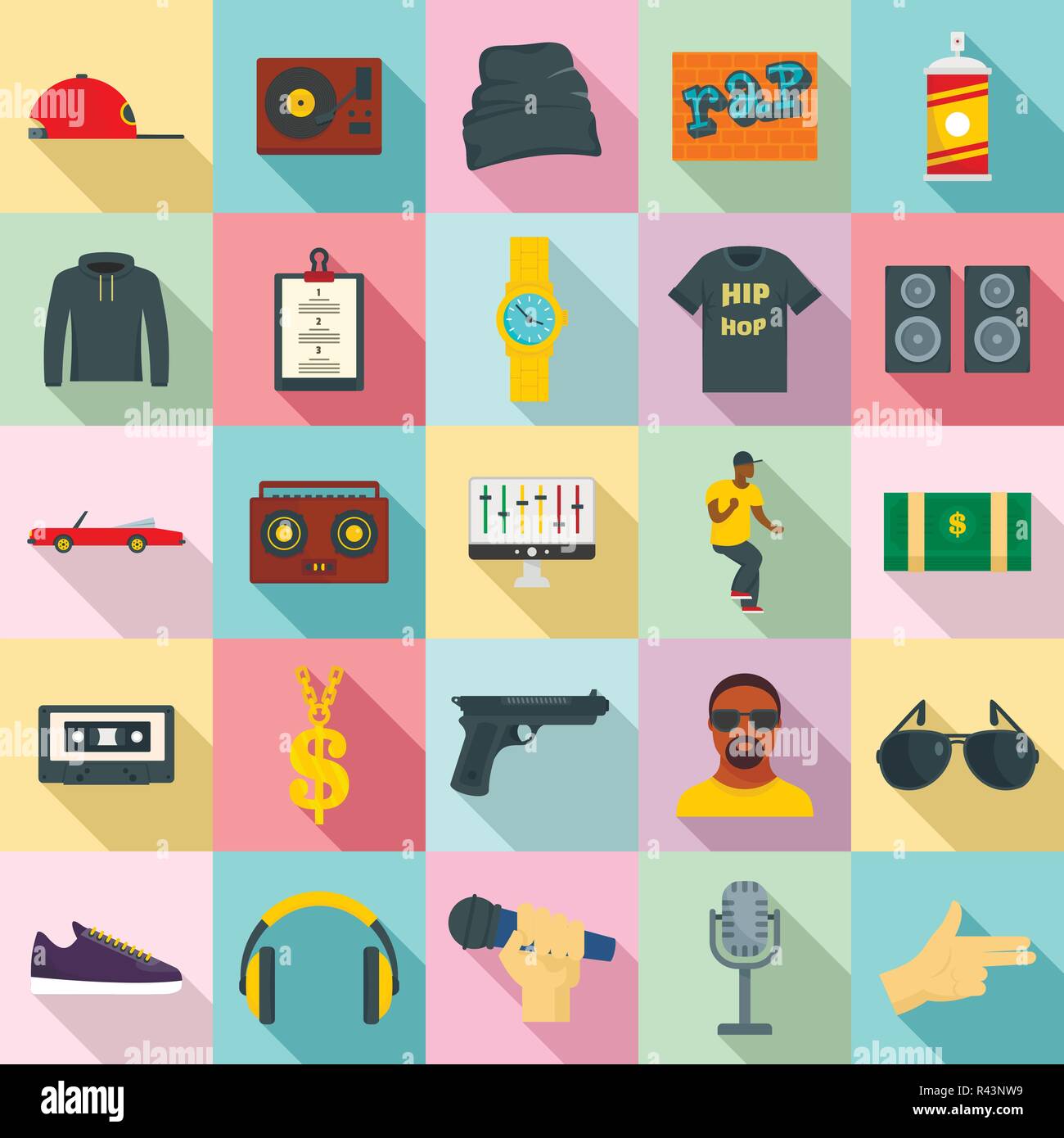 Hiphop rap swag music dance icons set. Flat illustration of 25 hiphop ...