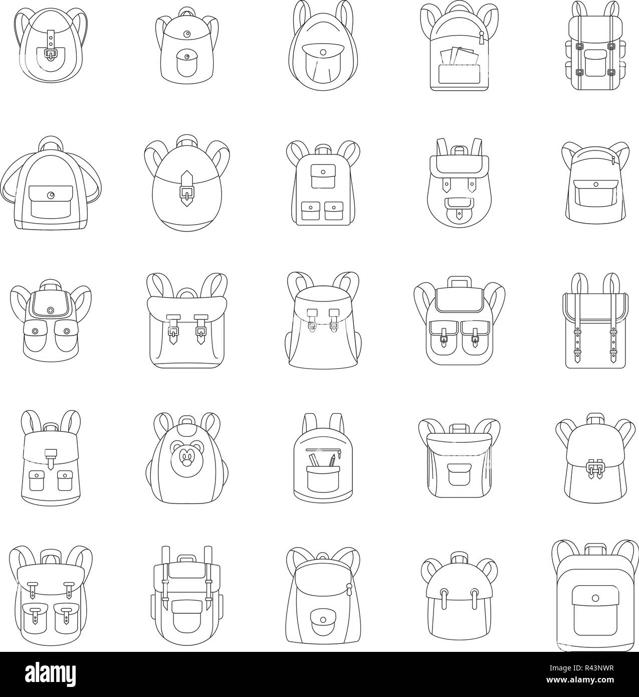 Backpack school travel sport kid camping bag icons set. Outline ...