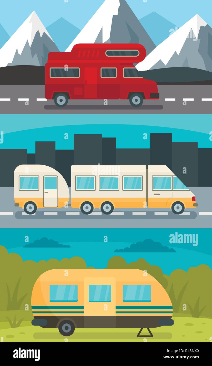 Motorhome trailer camp house banner concept set. Flat illustration of 3 ...