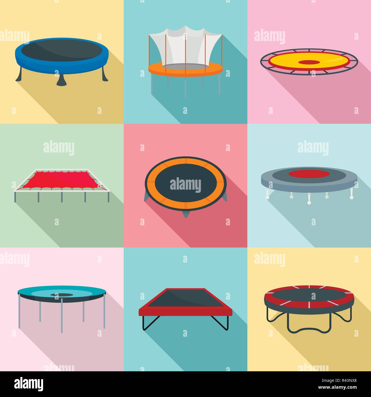 Trampoline jumping park joy icons set. Flat illustration of 9 ...
