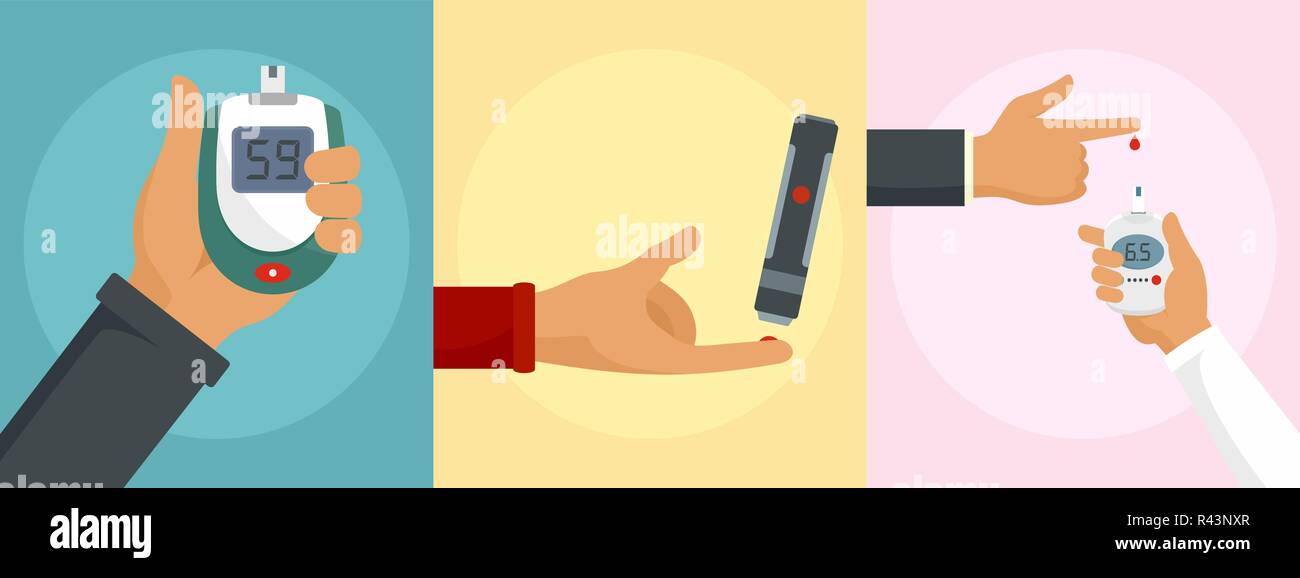 Glucose meter care check sugar blood test banner concept set. Flat ...