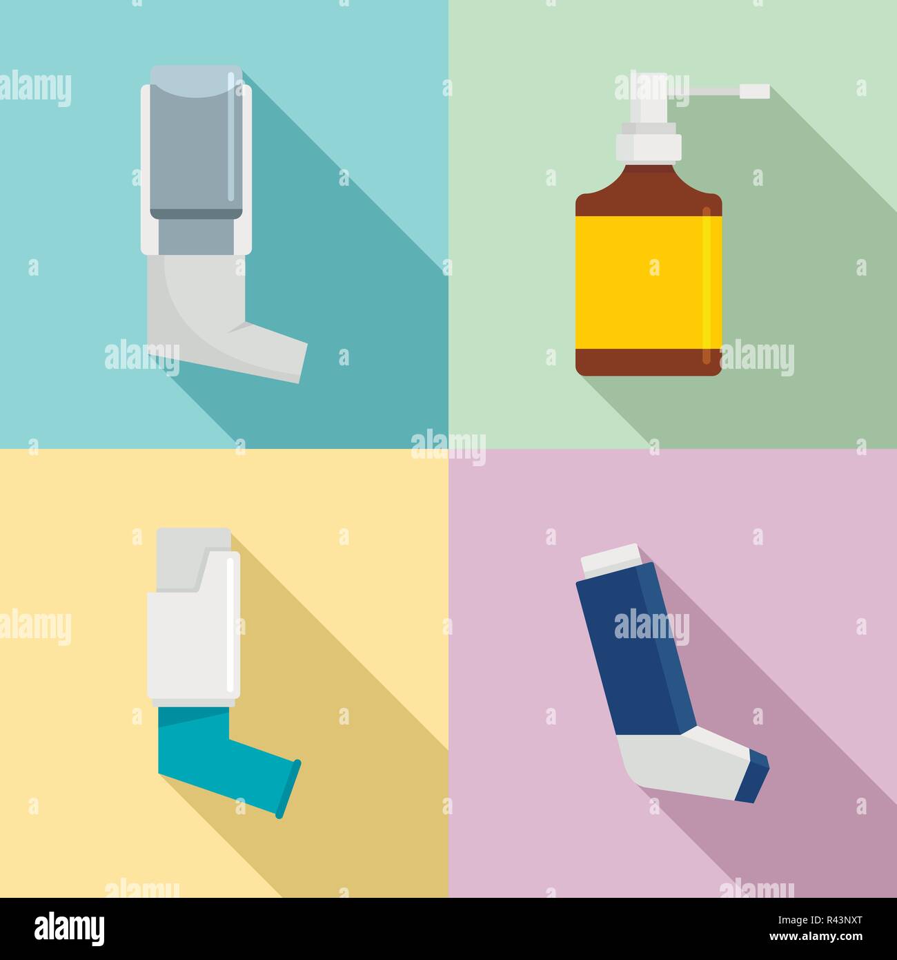 Inhaler breather deep breath health care asthma icons set. Flat ...