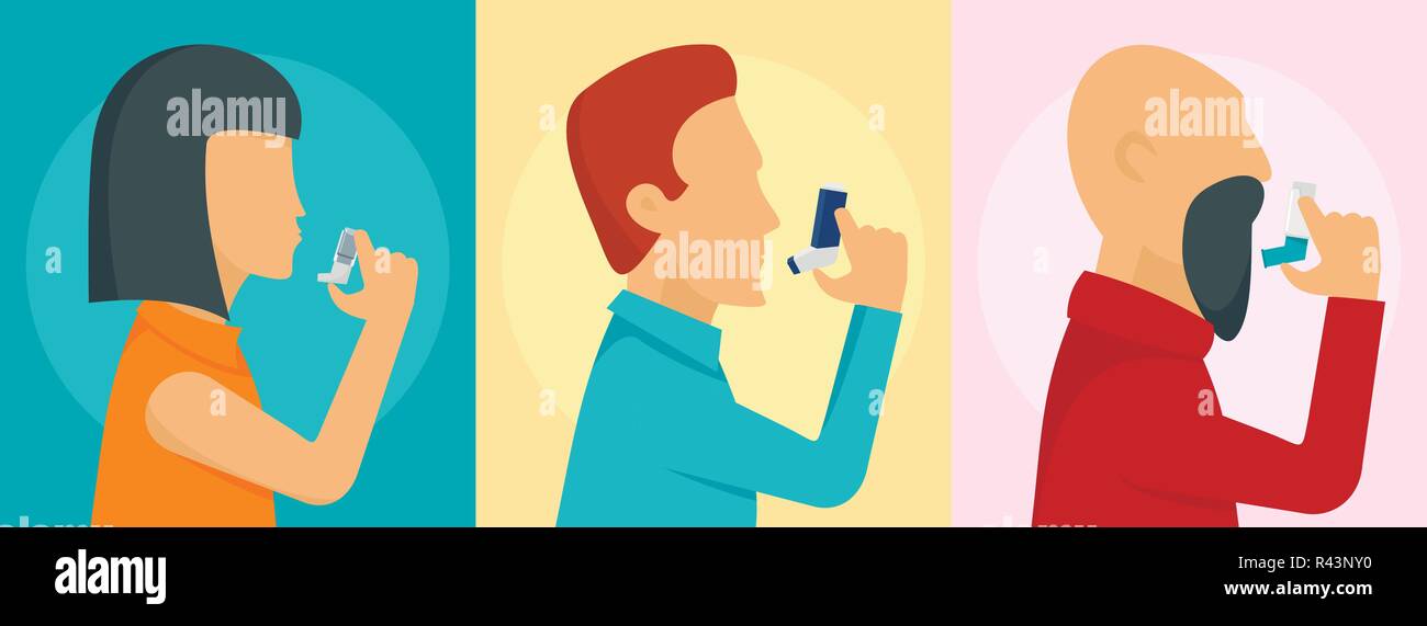 Inhaler breather deep breath health care asthma banner concept set ...