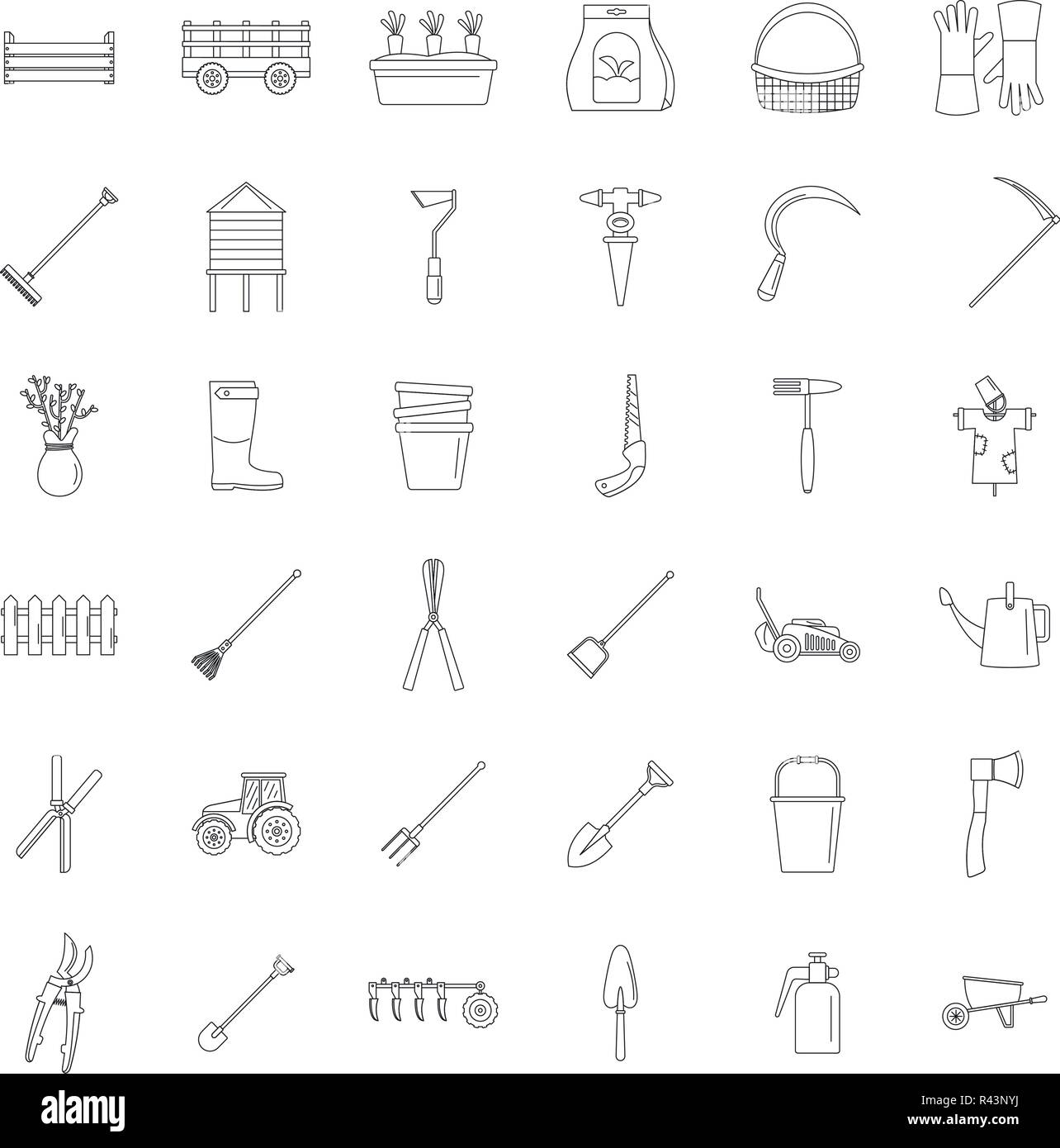Farming equipment garden icons set. Outline illustration of 25 farming ... Farming equipment garden icons set. Outline illustration of 25 farming ...