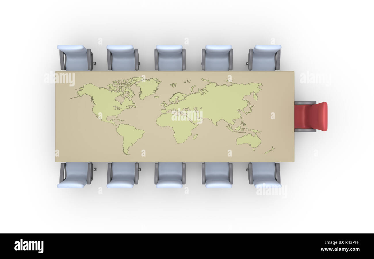 Chairs across table with earth map Stock Photo - Alamy