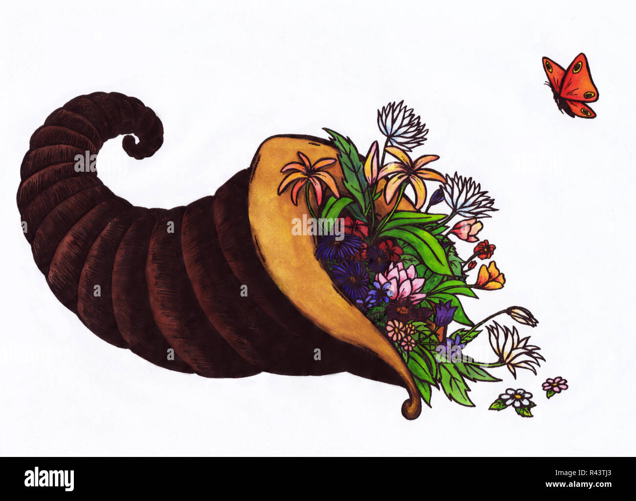 a filling horn filled with flowers and a flying orange butterfly Stock ...